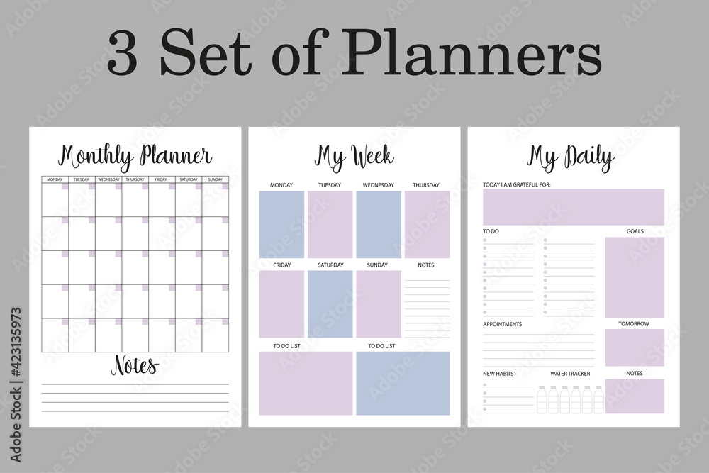 Daily, weekly, monthly planners set, 3 planner pages A4 sizes. Pages ...