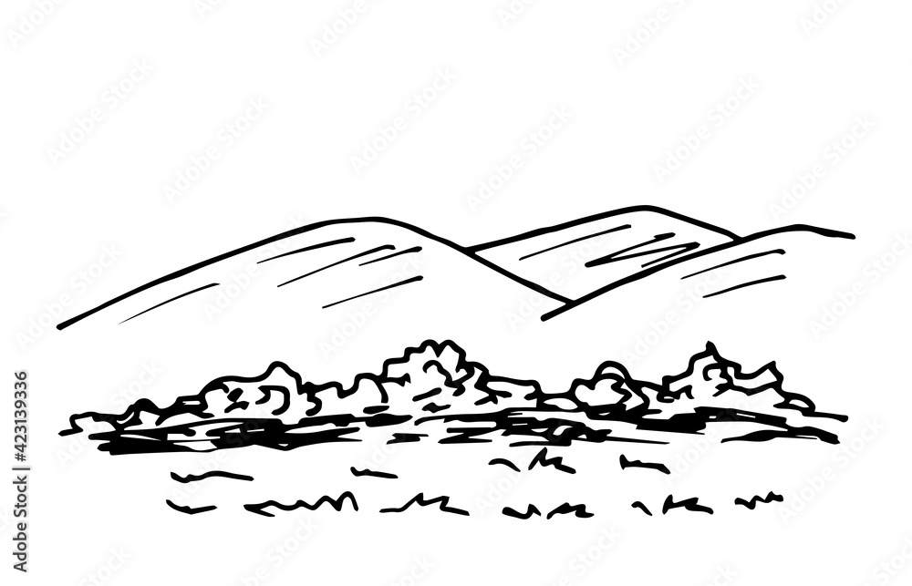 Hand-drawn simple vector drawing in black outline. Mountains, hills on ...