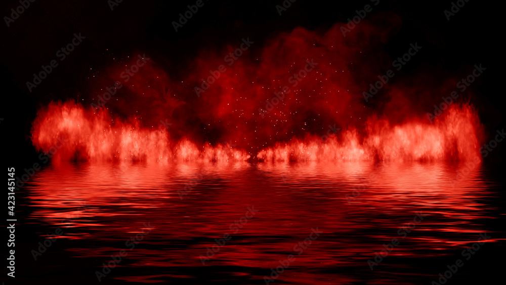 Explosion chemistry red smoke bomb on isolated background. Freezing dry ...