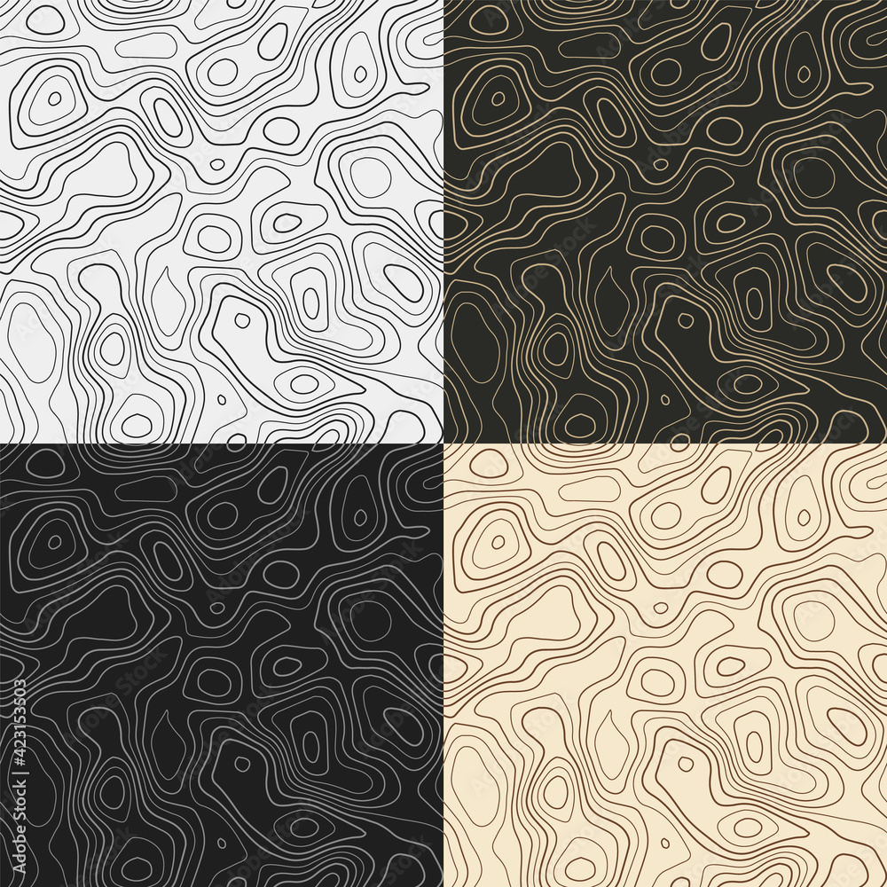Topography patterns. Seamless elevation map tiles. Artistic isoline ...