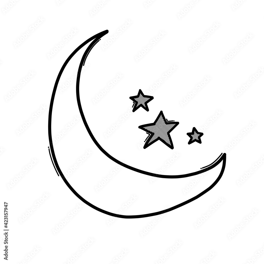 Moon and stars doodle vector icon. Drawing sketch illustration hand ...