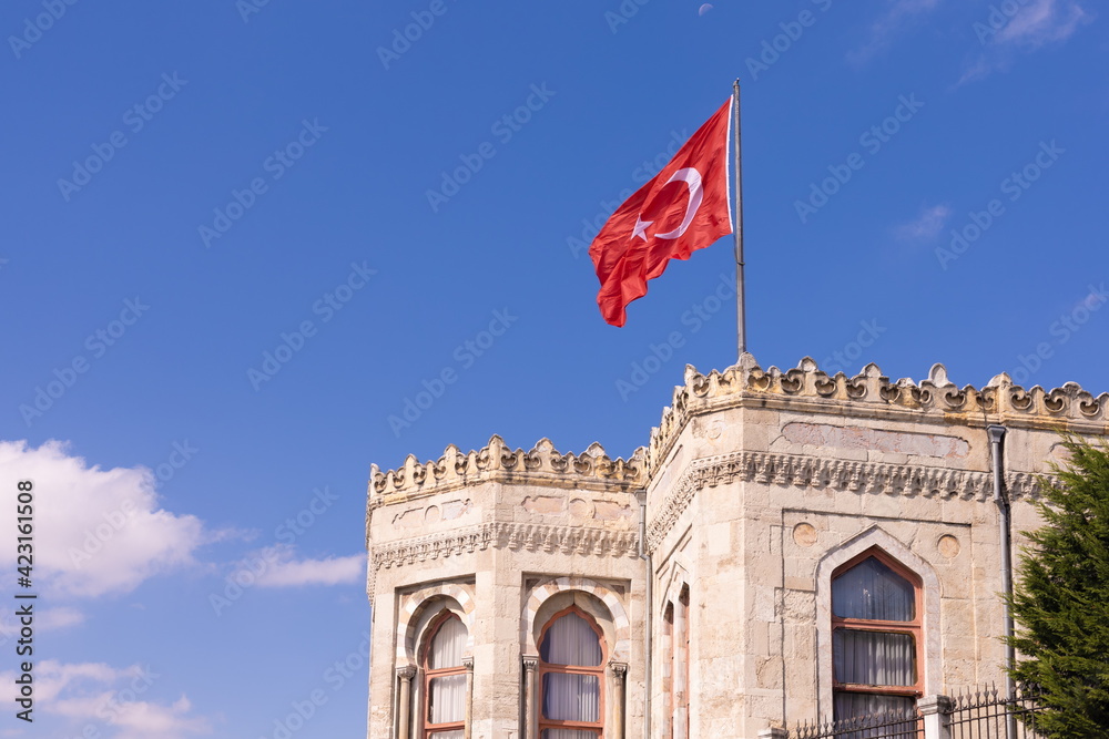 Turkish flag, on a red background white star and moon. Turkish flag ...