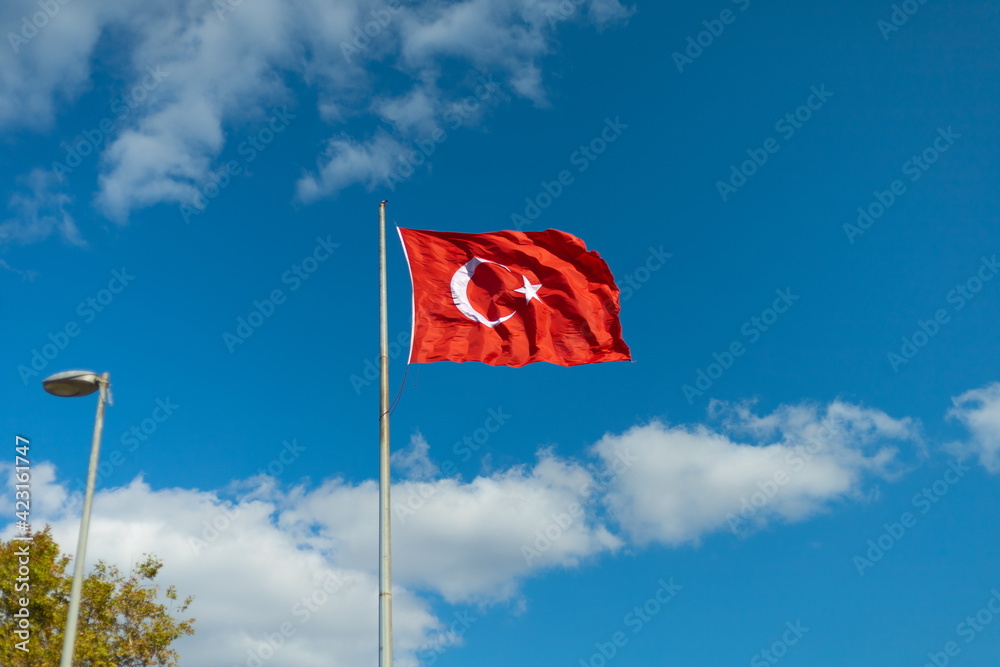 Turkish flag, on a red background white star and moon. Turkish flag ...