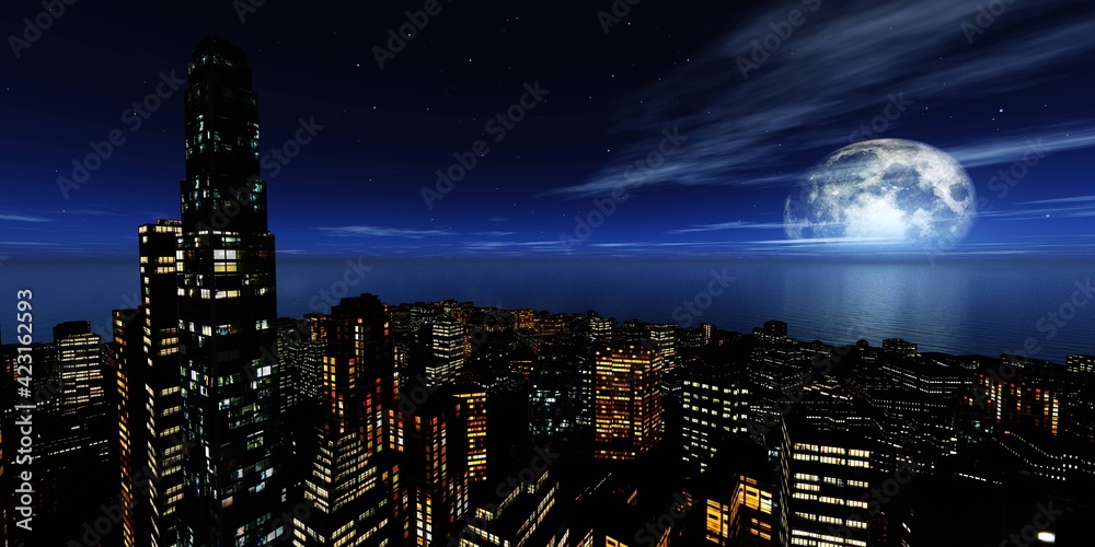 Moon over the night city, night city under the moon, night skyscrapers ...