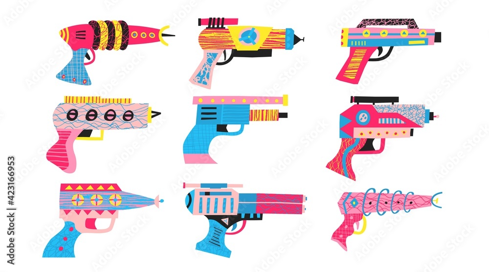 Collection of hand drawn blaster ray guns isolated on white background ...