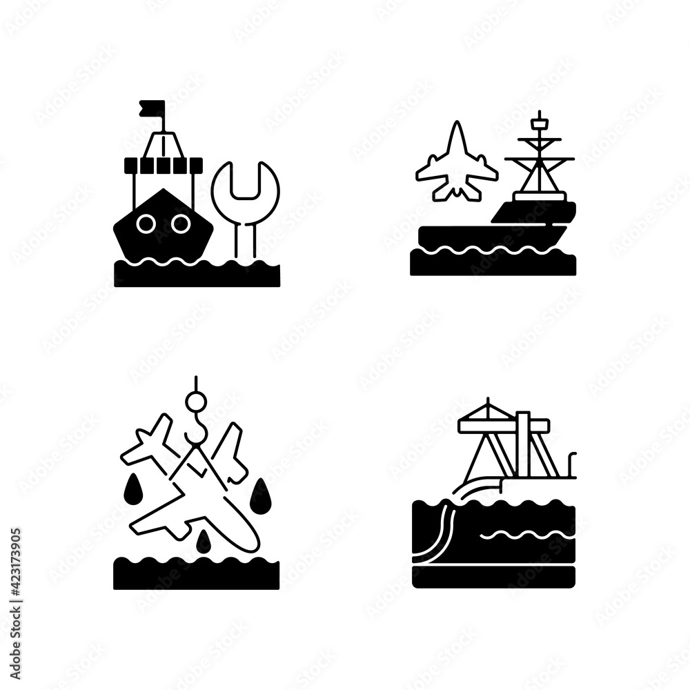 Maritime sector black linear icons set. Repairing floating vessels ...
