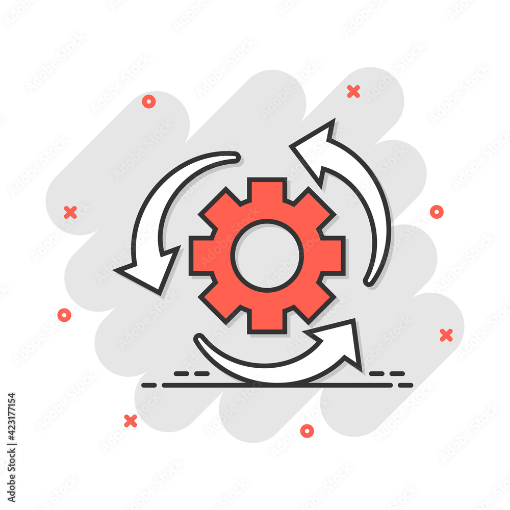 Workflow process icon in comic style. Gear cog wheel with arrows vector ...