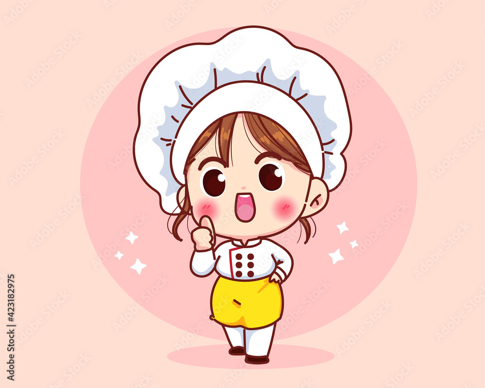 Cute chef girl smiling in uniform giving thumbs up cartoon art ...