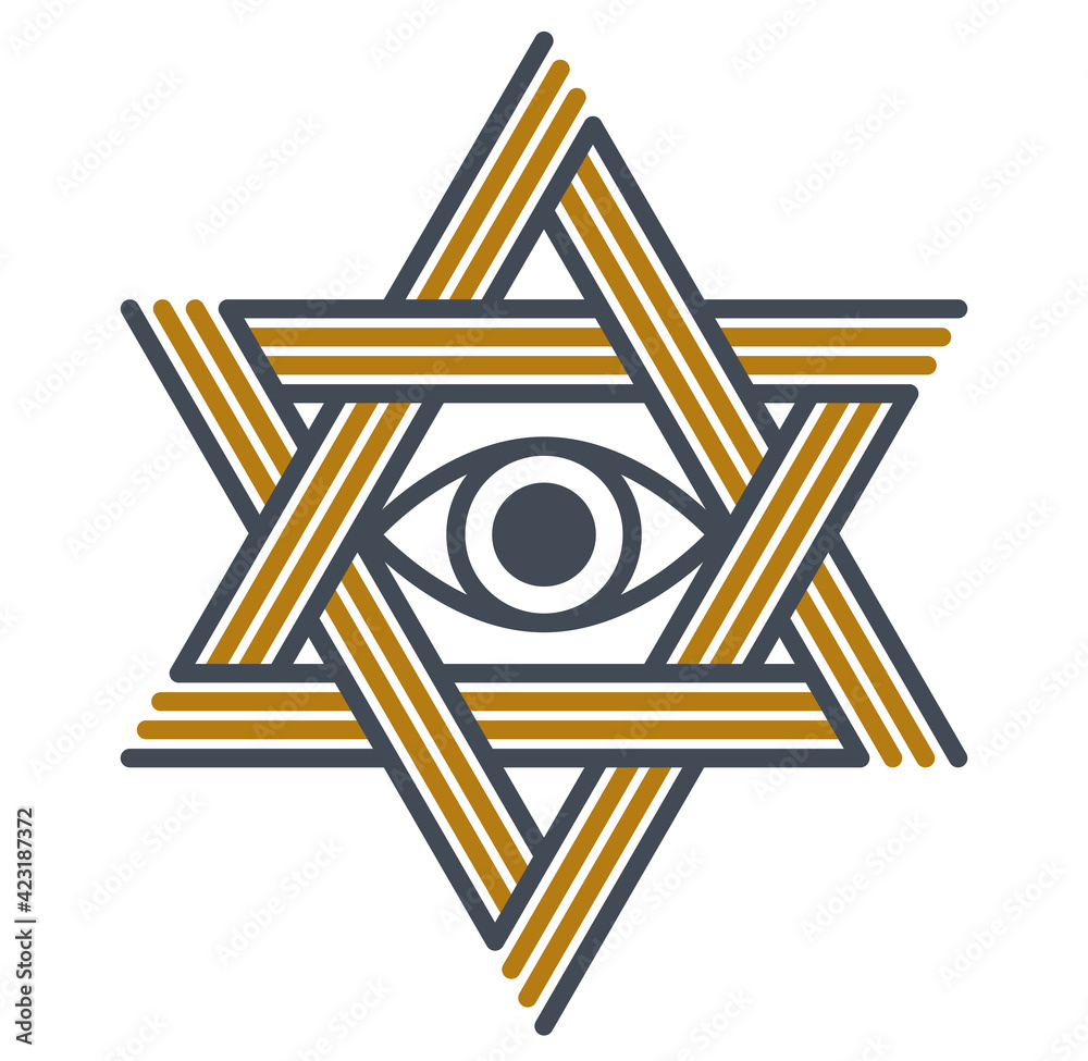 All seeing eye in star of David vector ancient symbol in modern linear ...