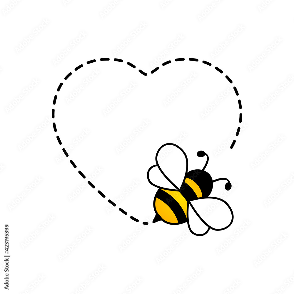 Cute bee flying icon. Heart dotted lines path with start point and dash ...