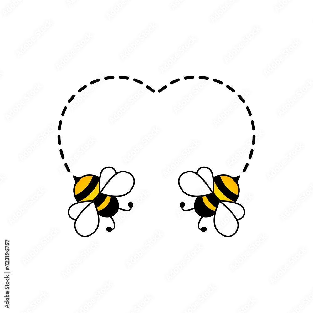 Cute bee flying icon. Heart dotted lines path with start point and dash ...