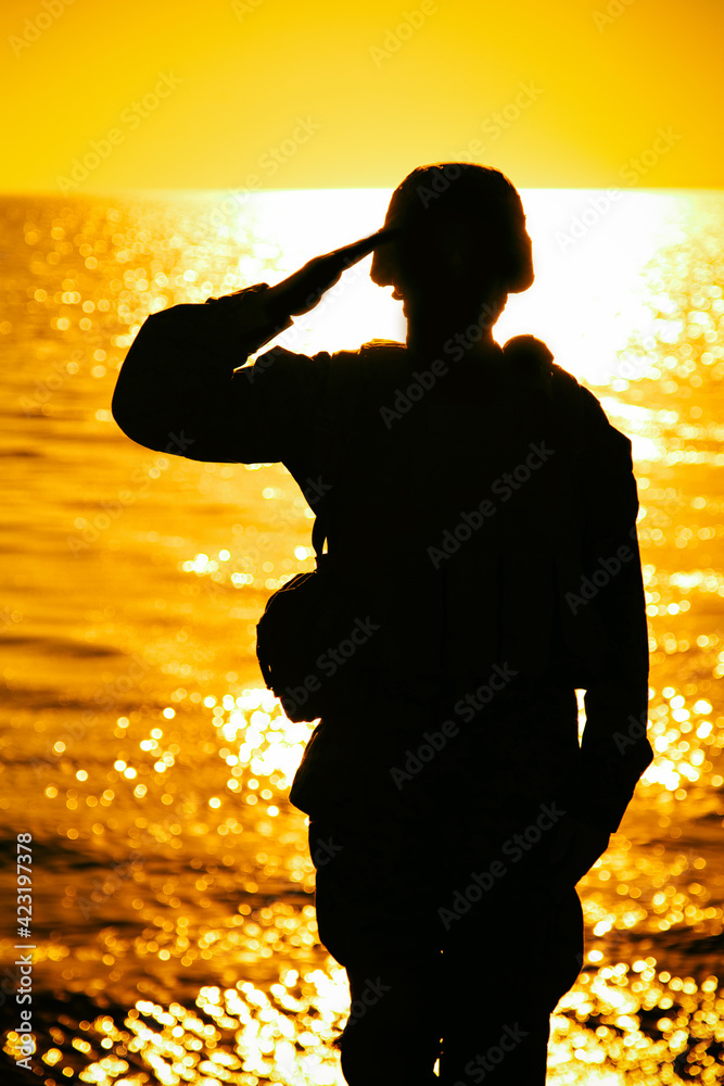 Silhouette of soldier in combat helmet and ammunition saluting on ...