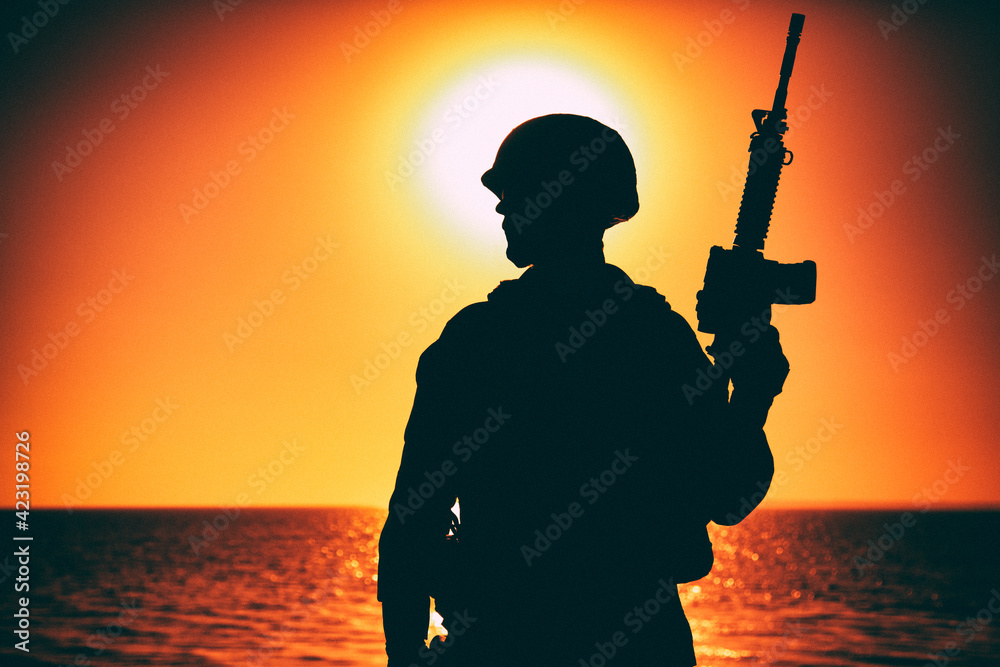 Silhouette of army soldier, special operations forces infantry rifleman ...