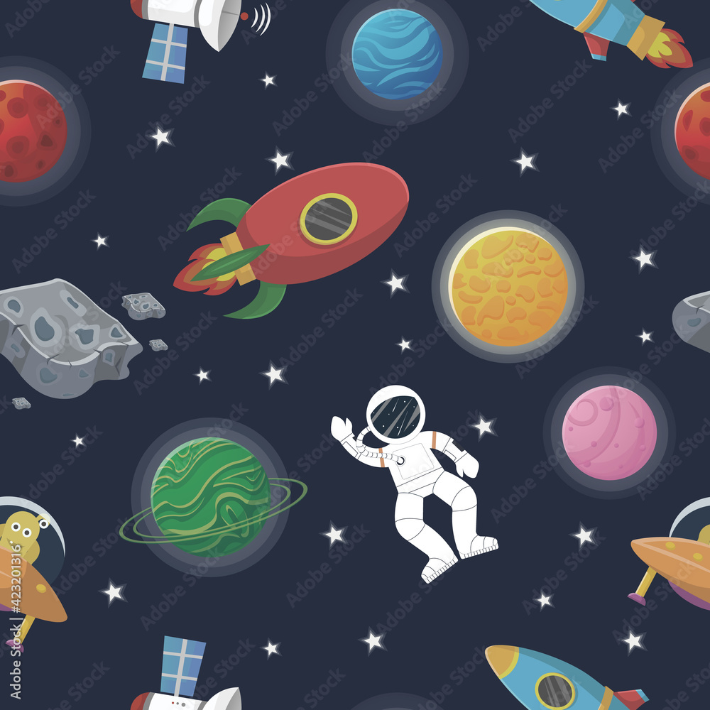 Astronaut with rocket and alien in the open space Stock Vector | Adobe ...