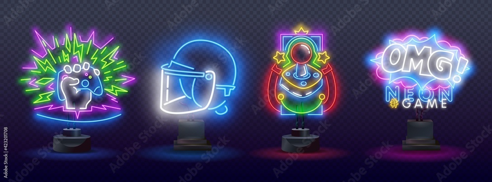 Neon game signs. Retro video games night light icons. Gamer. Game ...