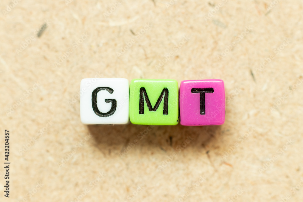 Color alphabet letter block in word GMT (abbreviation of Greenwich Mean ...