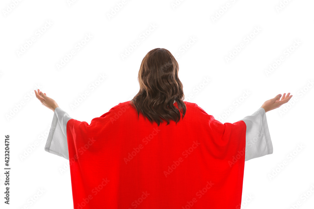 Jesus Christ with outstretched arms on white background, back view ...