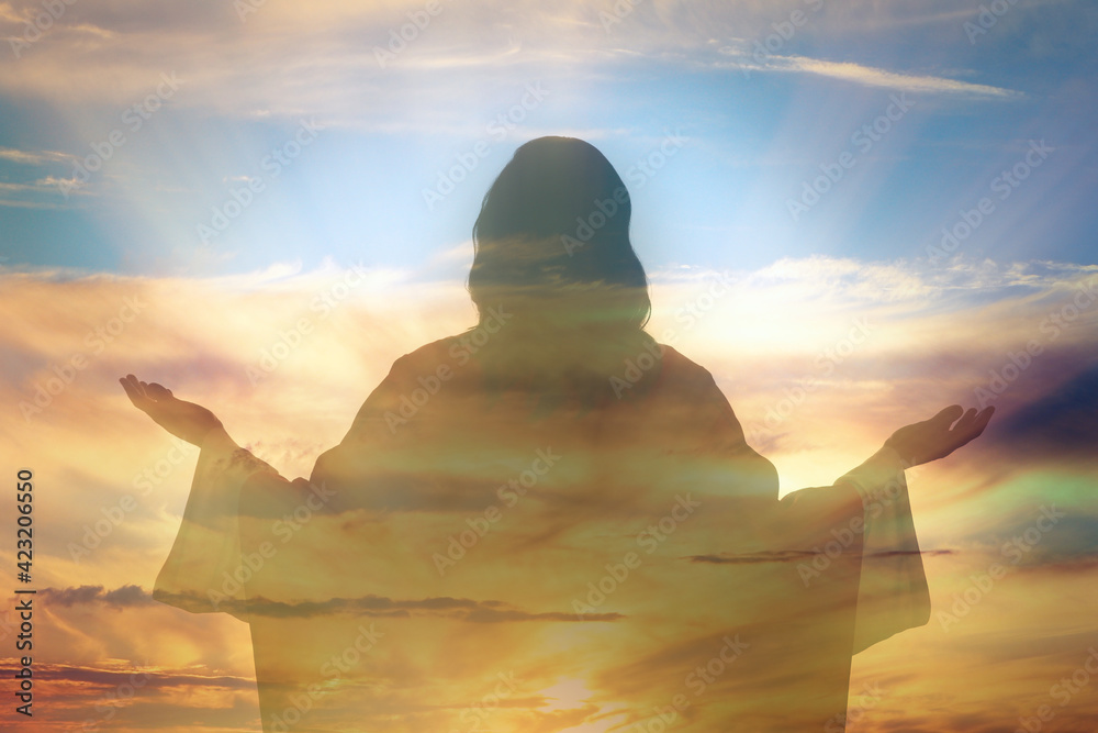 Silhouette of Jesus Christ and cloudy sky, double exposure Stock Photo ...