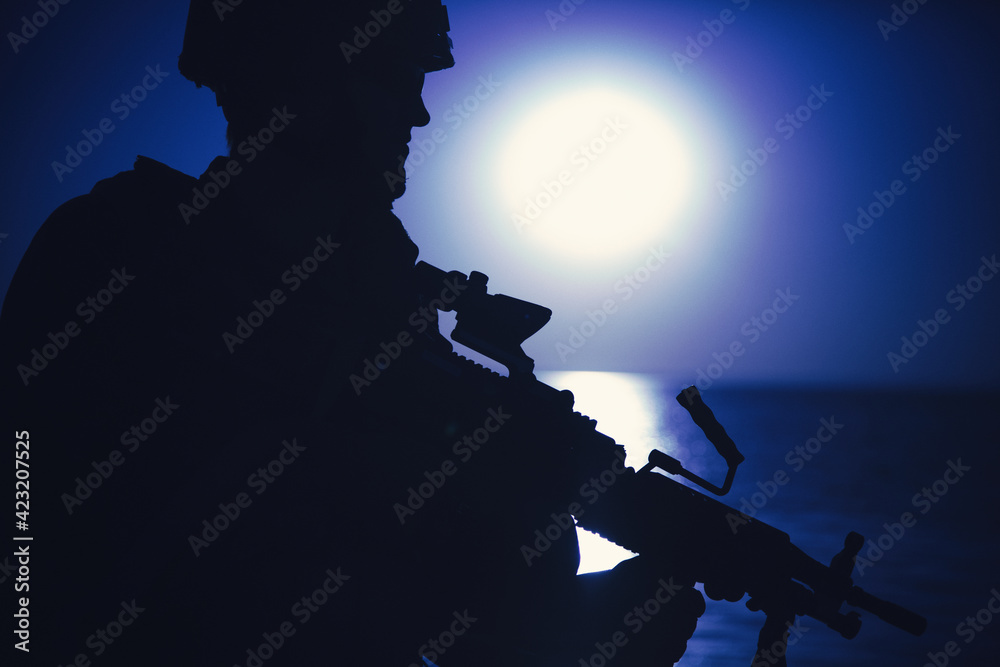 Silhouette of army infantryman standing with light machine gun on ...
