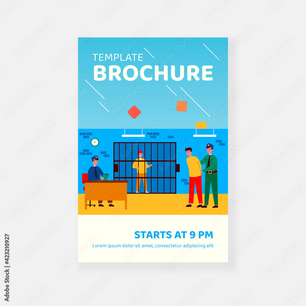 Policemen and arrested men in police department. Prison guard officer ...