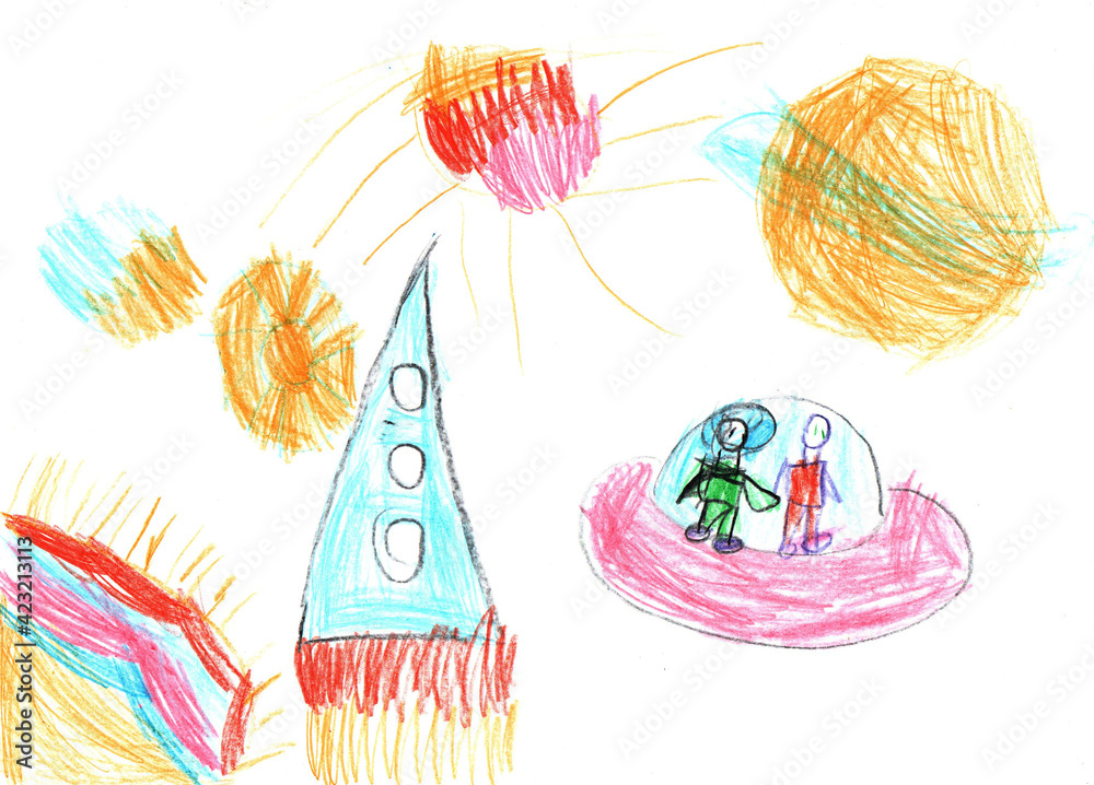 Watercolor children drawing space planet rocket Stock Illustration ...