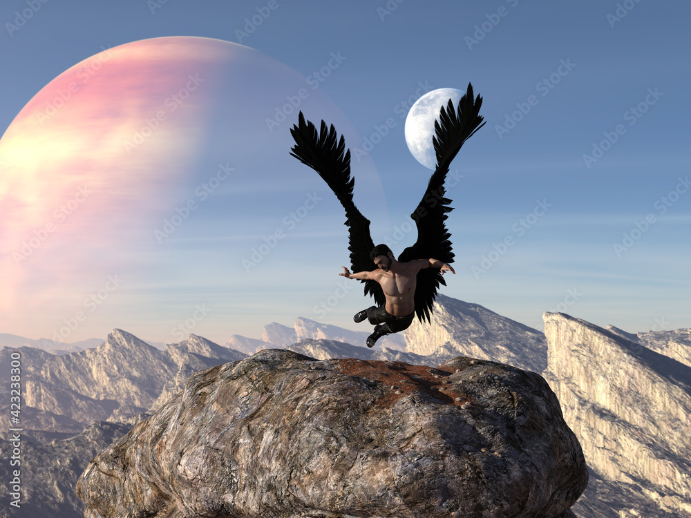 Illustration of a winged man falling toward a boulder on an alien world ...