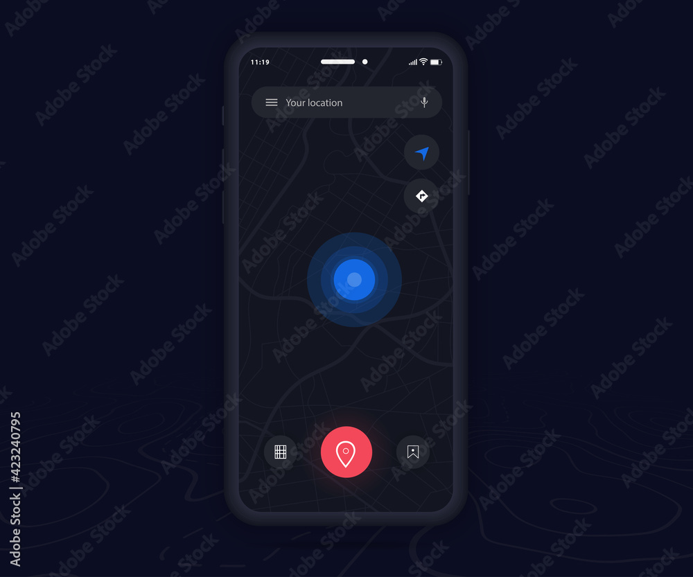 Map Gps Navigation Dark Mode Ux Ui Concept Smartphone Map Application And Destination Blue