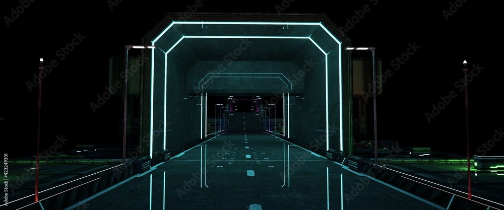 Neon futuristic highway against black sky. Glowing road in a futuristic ...