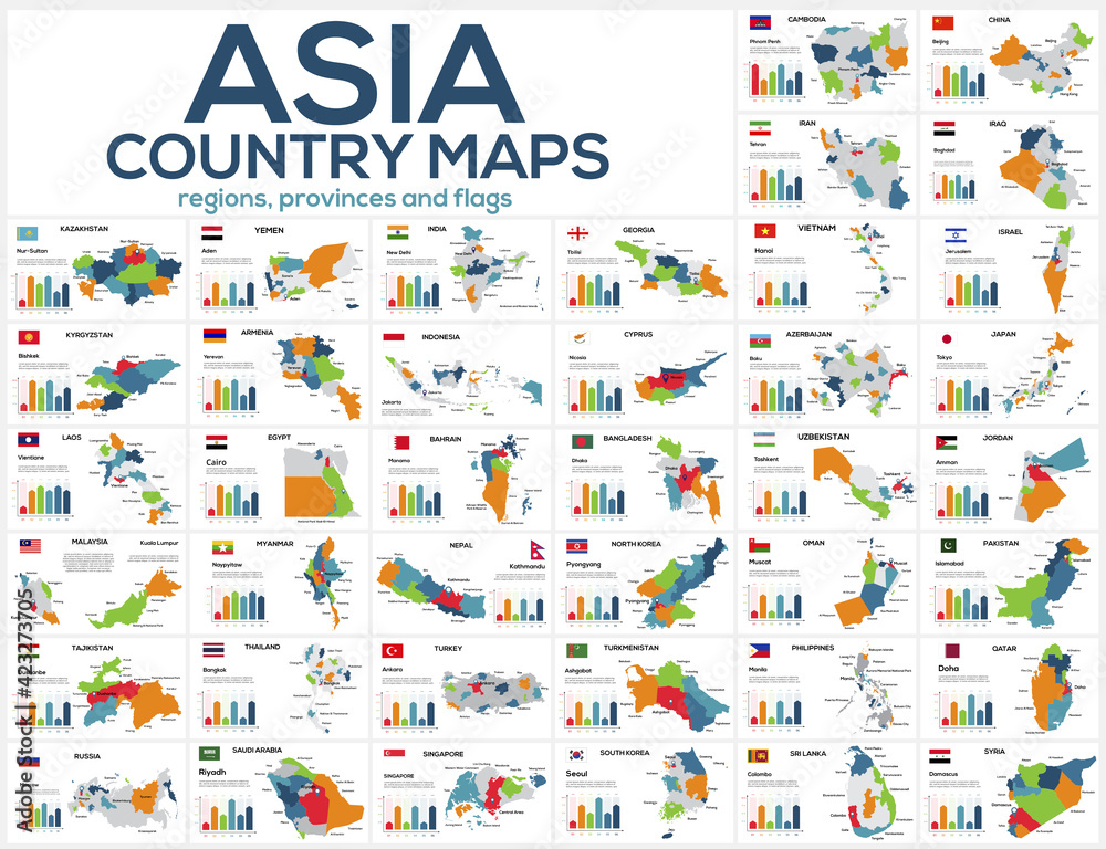 Set of maps of the countries of Asia. Image of global maps in the form ...