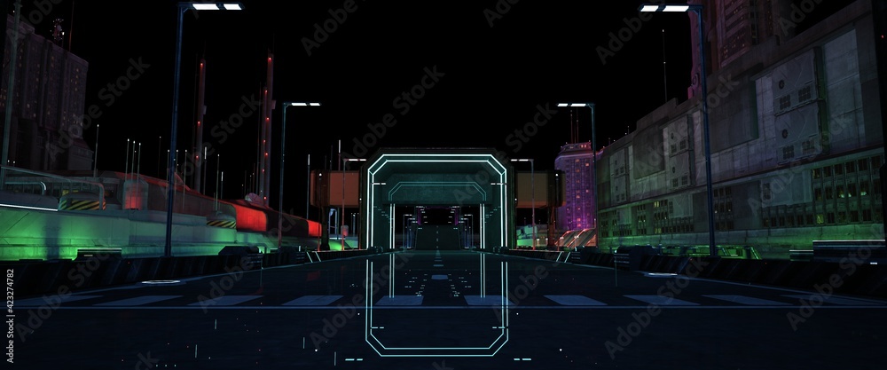 Dark neon night in a cyberpunk city. Neon lights reflecting in an empty ...
