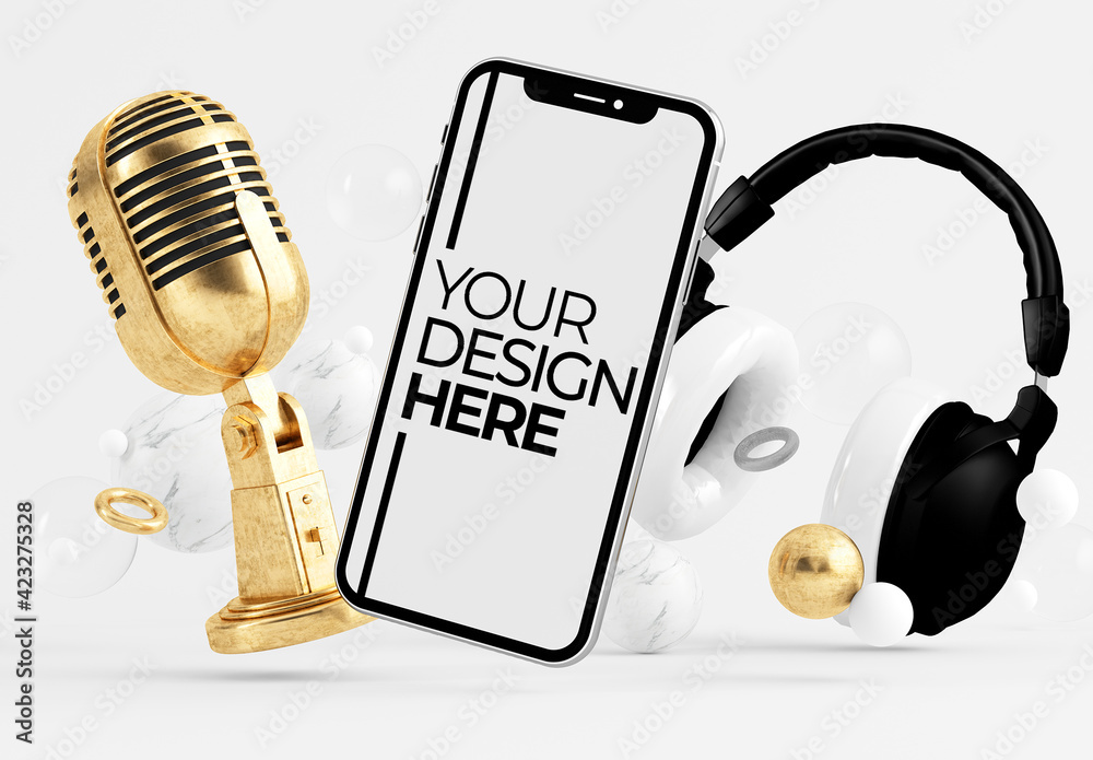 Phone Mockup Surrounded by Microphone and Headphones Stock Template ...