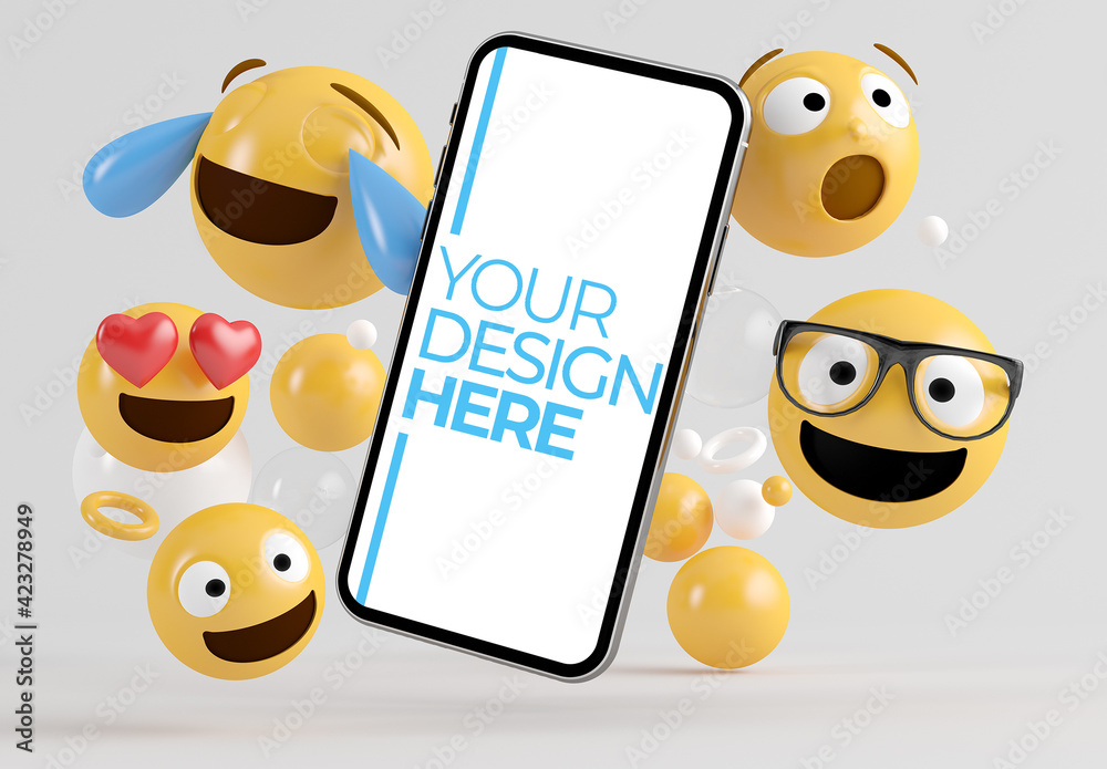 Floating Phone with Emoji Illustrations Mockup Stock Template | Adobe Stock