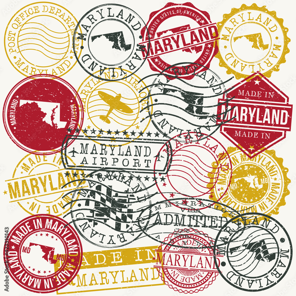 Maryland, USA Set of Stamps. Travel Passport Stamps. Made In Product ...