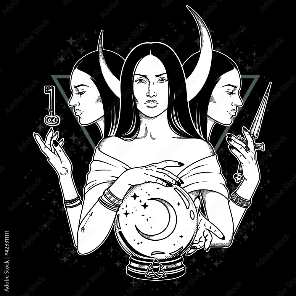 Witch Hecate black and white dagger key and crystal ball - vector art ...