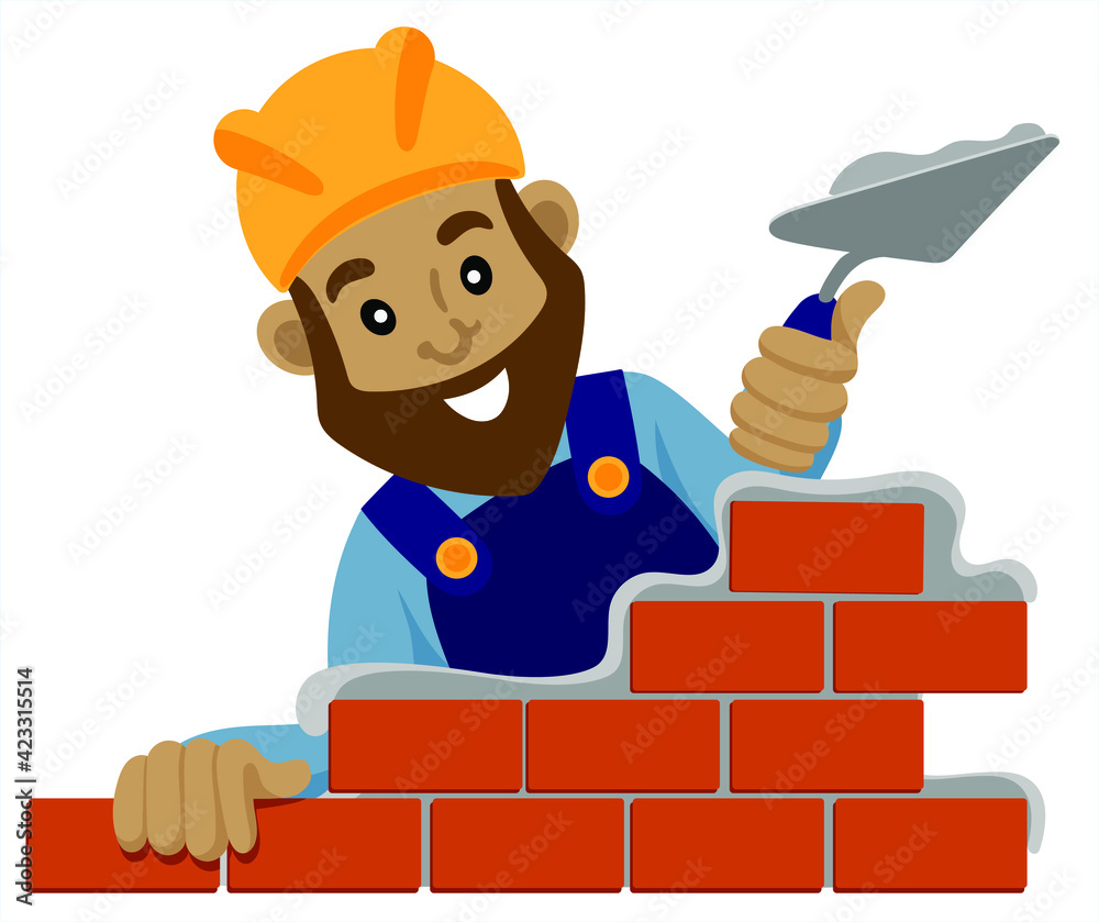 The builder is laying bricks. A man in a helmet works at a construction ...