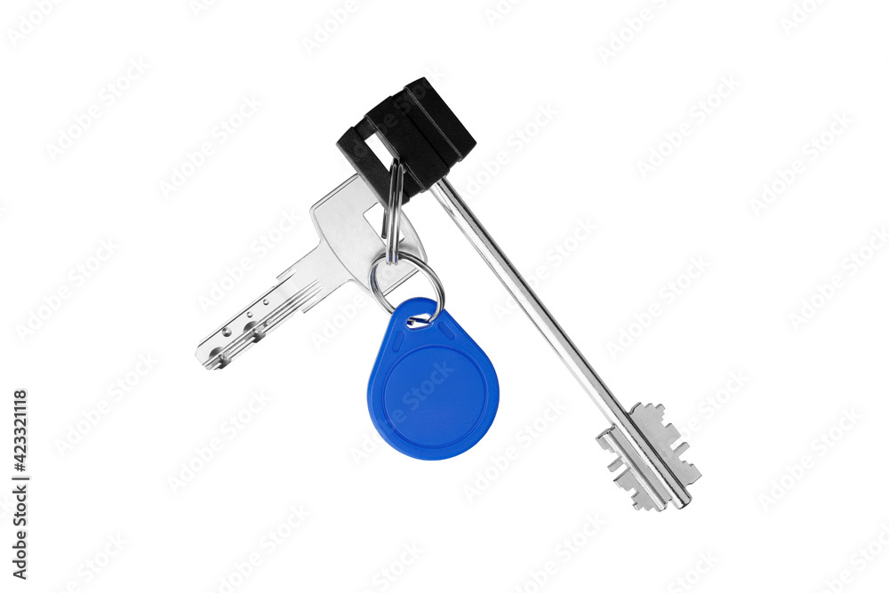 House door lock keys bunch and magnetic key on ring on white background ...