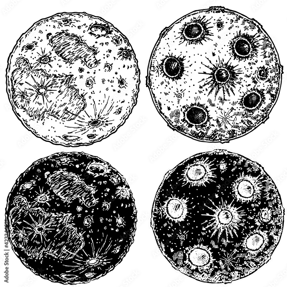 Hand drawn sketch of moon planet in monochrome isolated on white ...