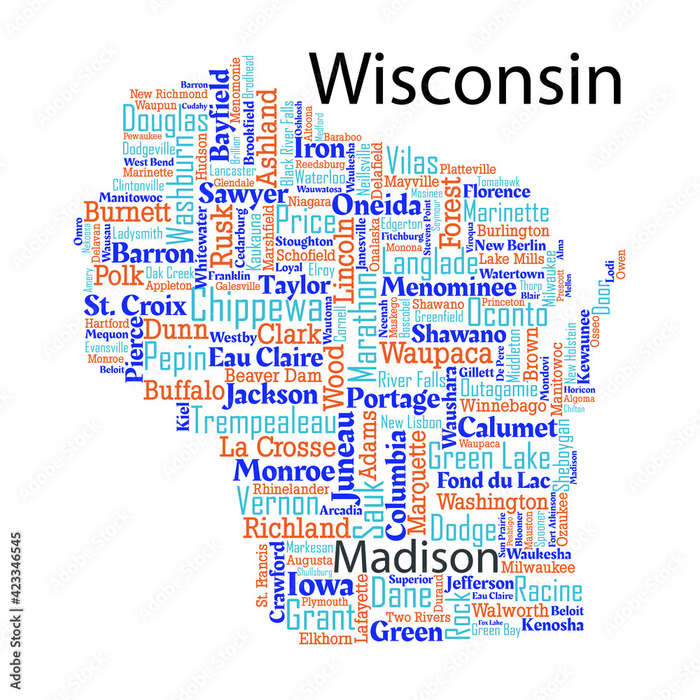 Word cloud art map design includes all Counties and major Cities in the ...
