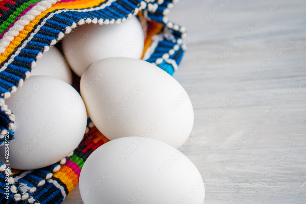 Closeup raw white brown organic fresh eggs shell with yolk from happy ...