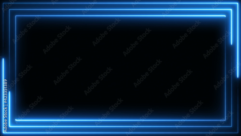 Blue neon frame light line running loop square black overlay, Place it ...