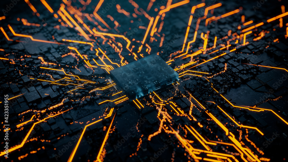 Advanced Technology Concept with Microchip. Orange Neon Data flows from ...