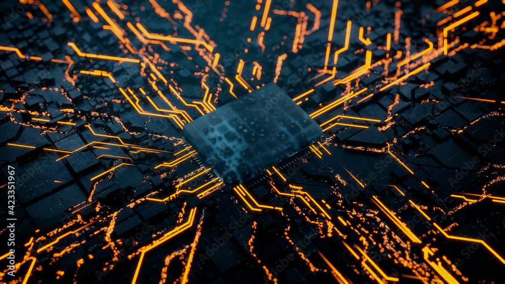 Advanced Technology Concept with Microchip. Orange Neon Data flows from ...