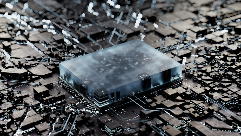 Advanced Technology Concept with Microchip. White Neon Data flows from ...