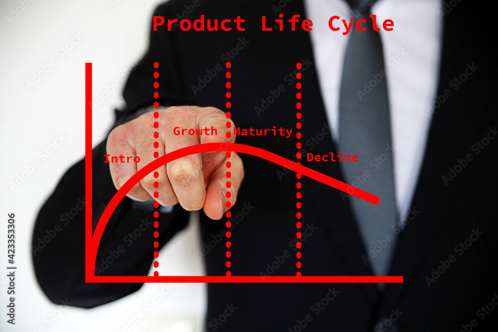 Businessman pointing on graph of product life cycle (focus on the graph ...