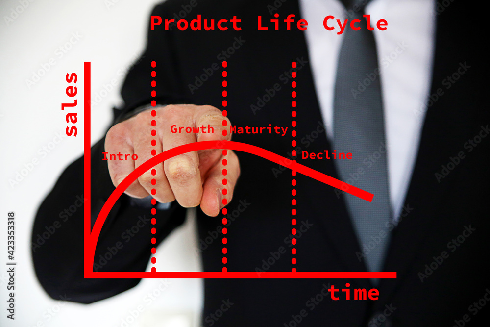 Businessman pointing on graph of product life cycle (focus on the graph ...