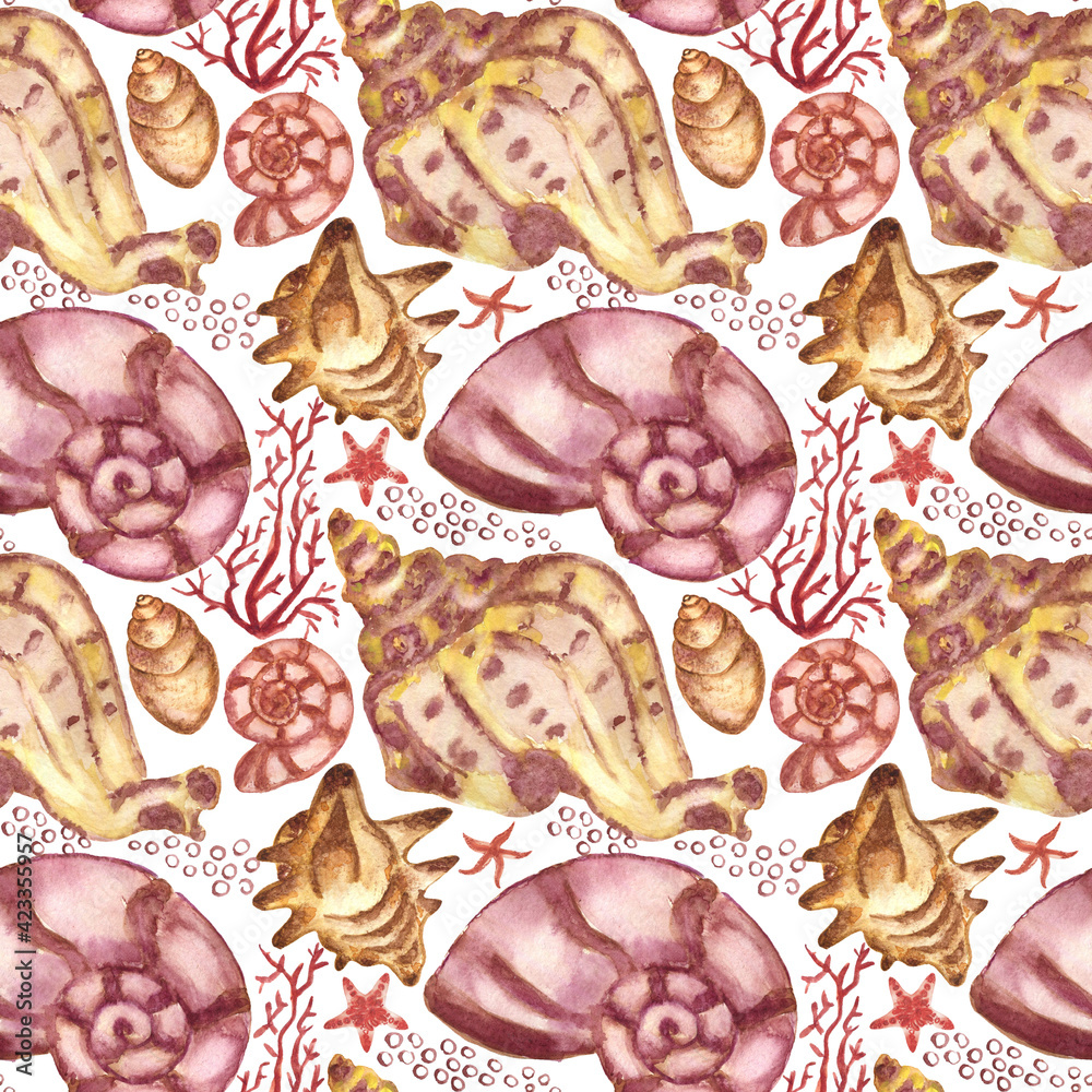 Watercolored seashells and starfishes seamless pattern. Illustration of ...