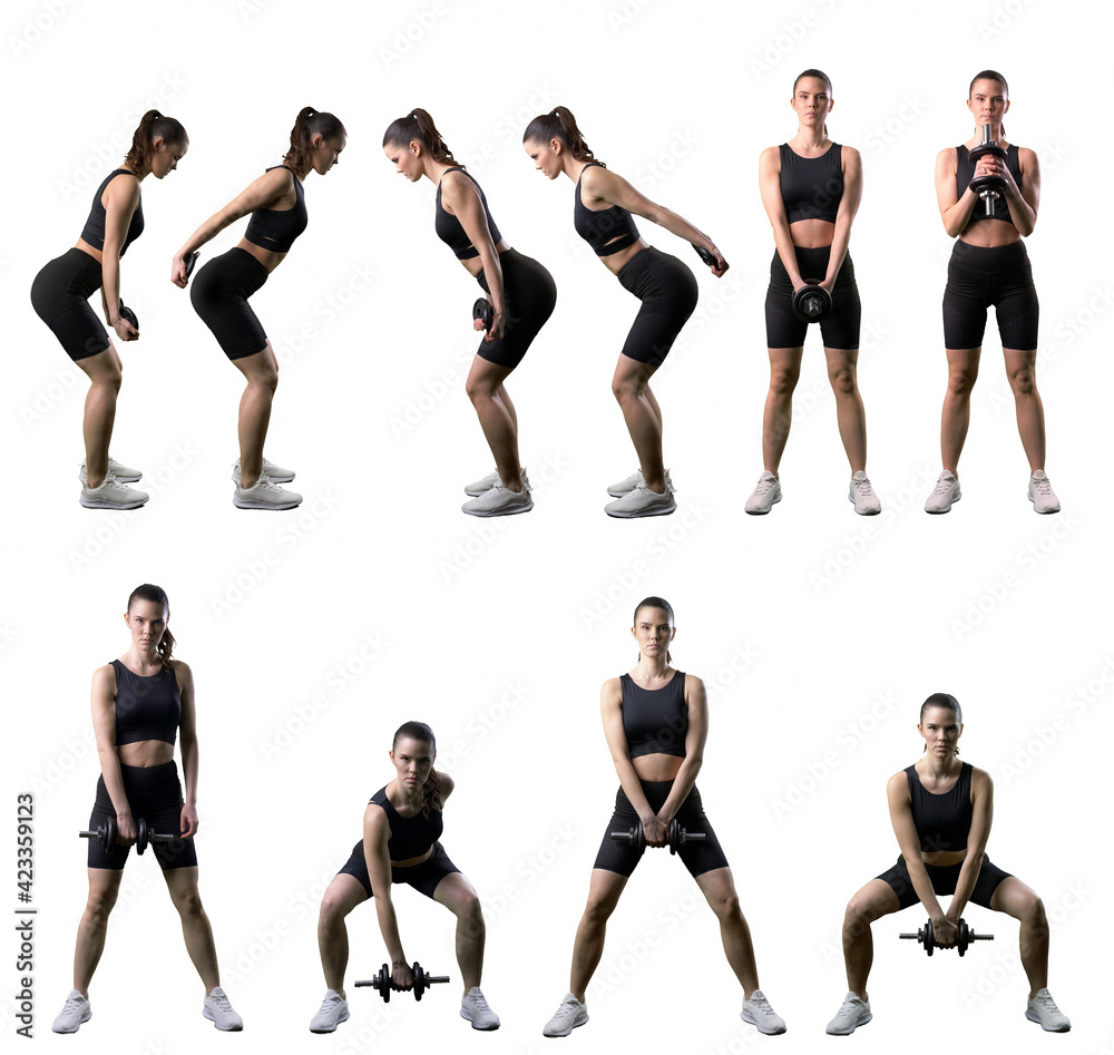 Collection of different bodybuilding exercises done by fitness woman ...