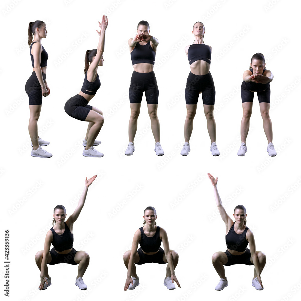 Set of various side and front views back and arm yoga stretching ...