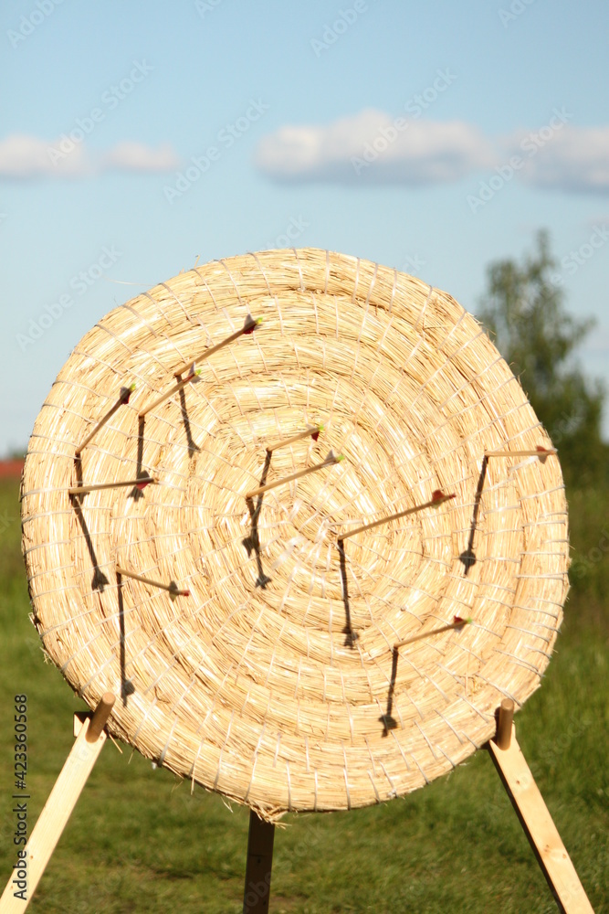 straw target for archery with arrows in the countryside, close-up ...
