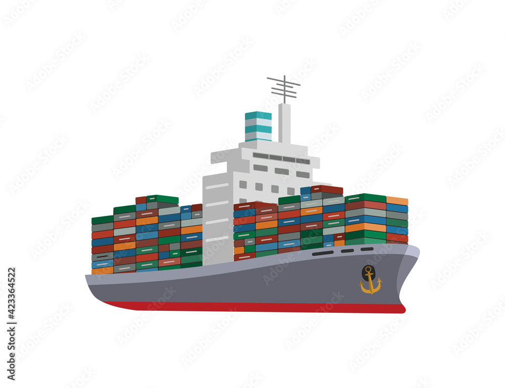 Dry cargo container shipon in ocean. Cartoon flat style. Vector ...